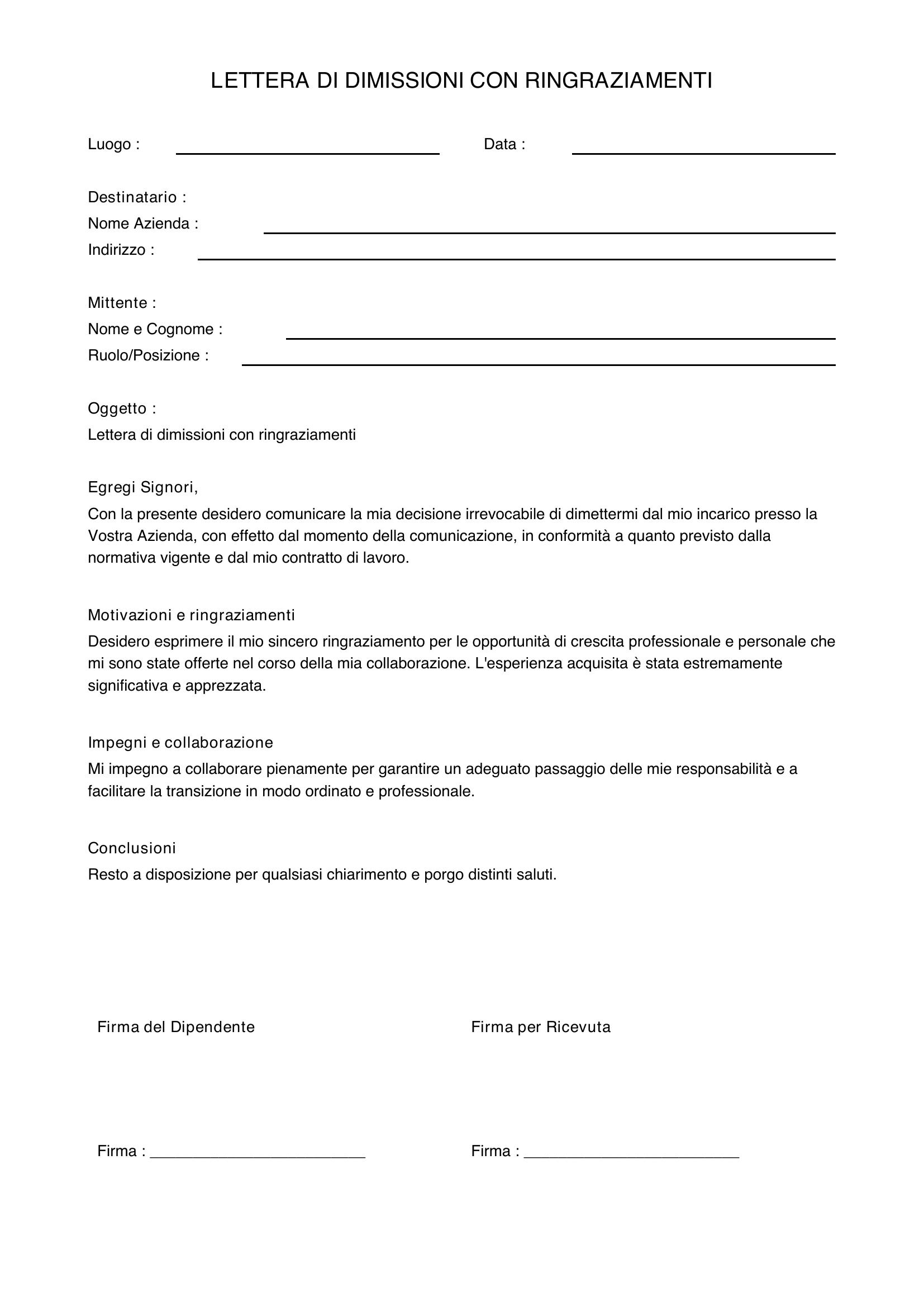 Lettera Di Dimissioni Con Ringraziamenti