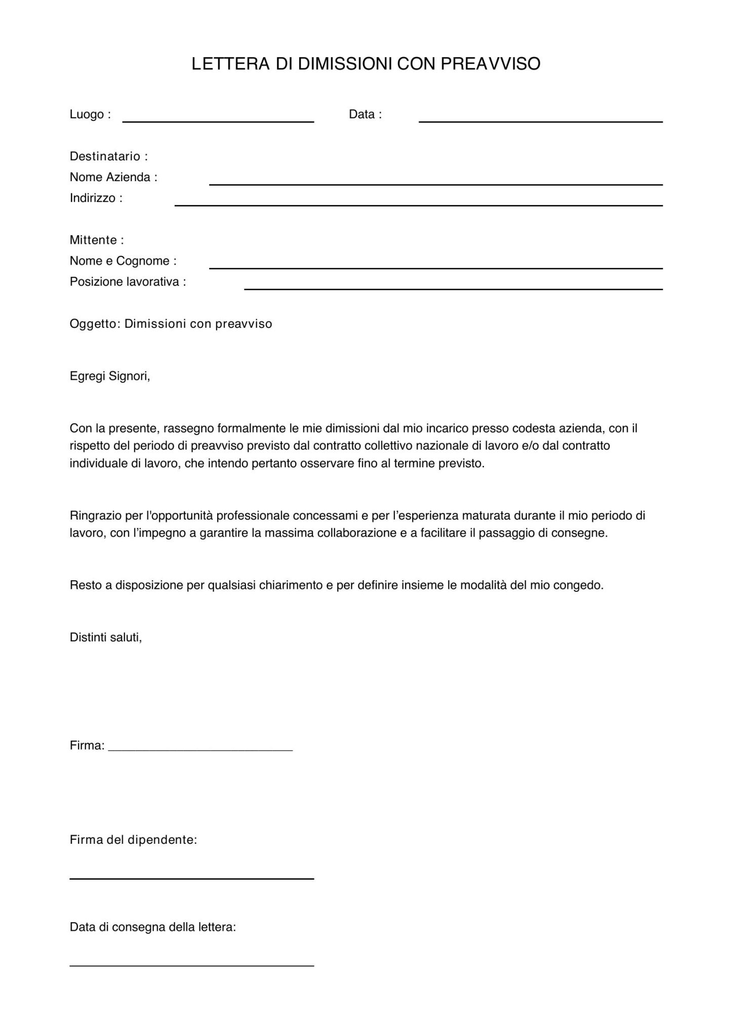 Lettera Dimissioni Con Preavviso