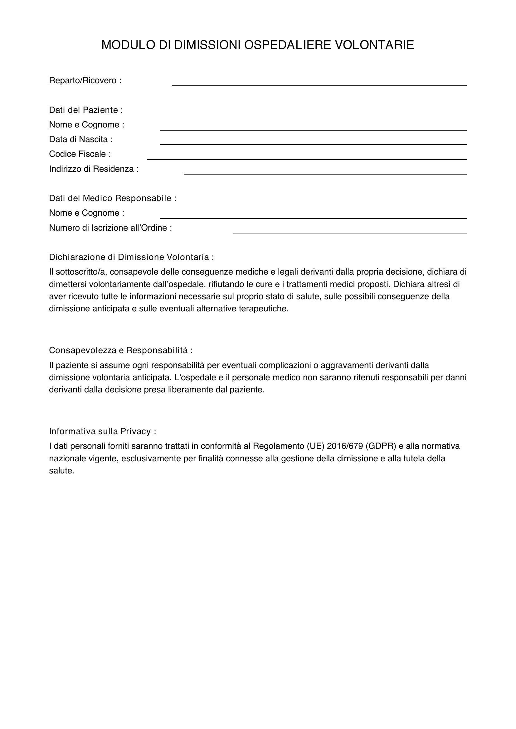 Modulo Dimissioni Ospedaliere Volontarie