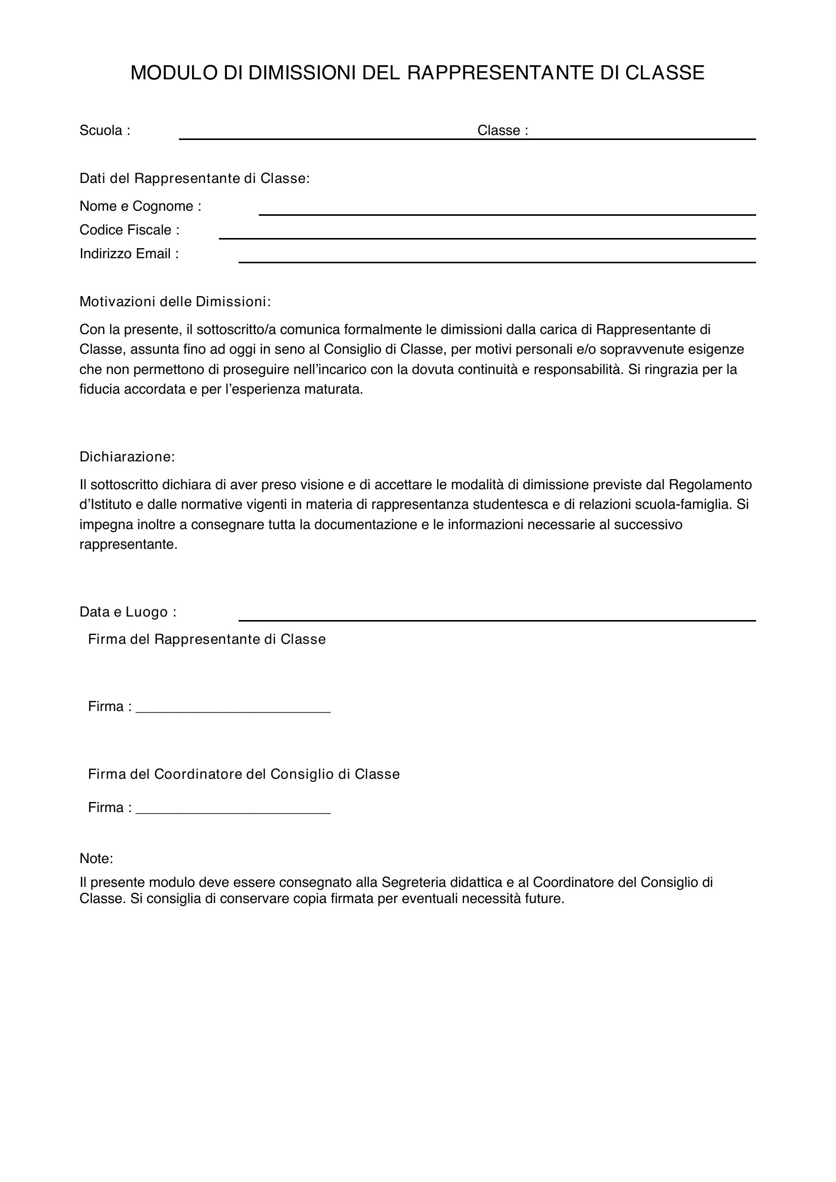 Modulo Dimissioni Rappresentante Di Classe